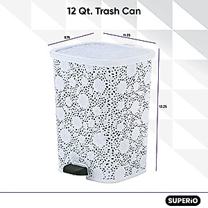 Compact Plastic Step-On Trash Can, Indoor and Outdoor Waste Bin with Foot Pedal, White Decorative Garbage Bin with Lace Design, 12 Qt Small Trash Can for Kitchen, Bathroom, Bedroom, Patio, Yard