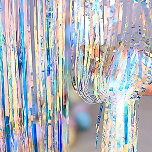 LILF Gorgeous Holographic Iridescent Fringe Curtain - 2 Pack of 8.3ft x 3.3ft Tinsel Streamer for Wedding Birthday Party Bridal/Baby Shower Christmas Photo Booth Backdrop Decoration