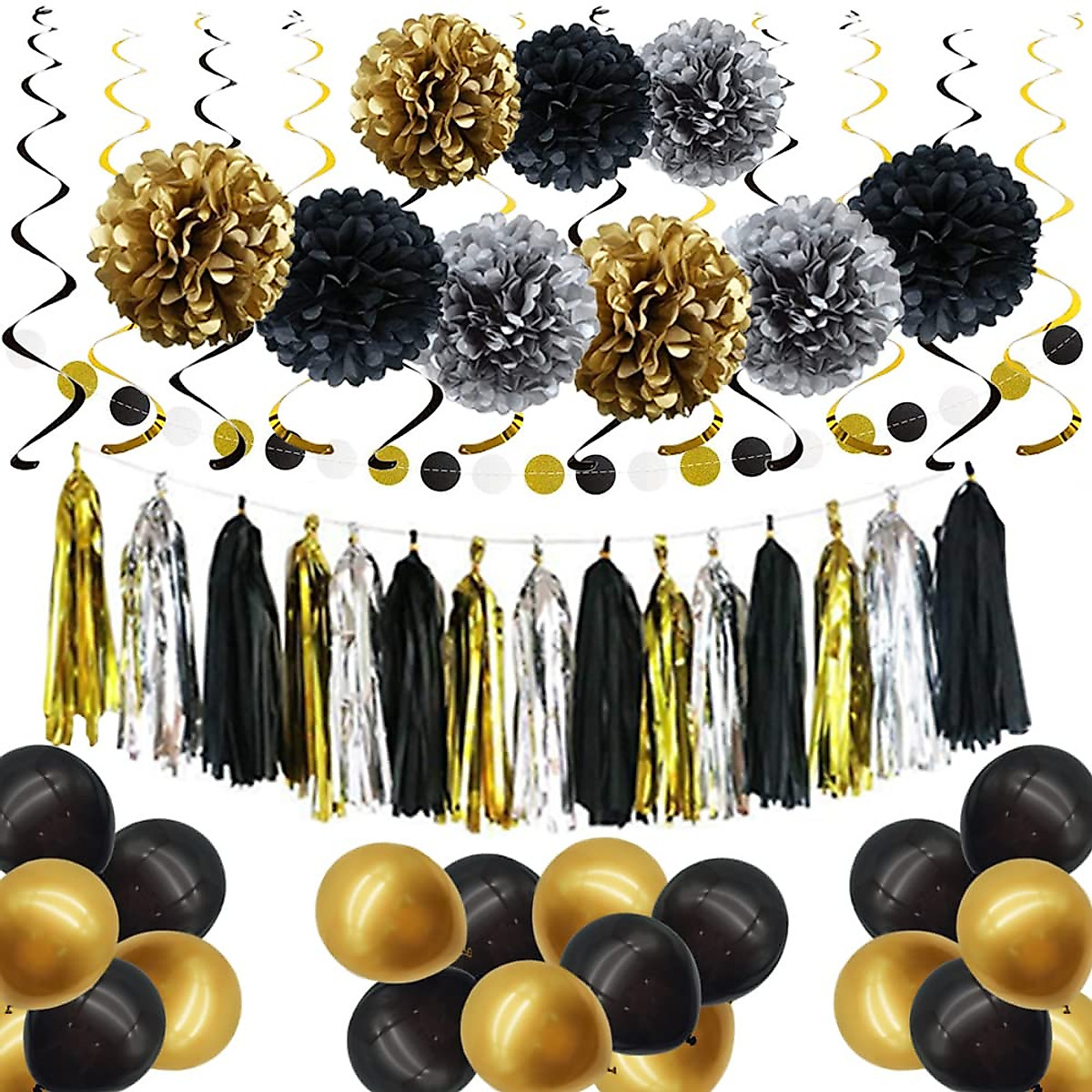 Black and Gold Party Decorations - DIY Tissue Paper Pom Poms Flowers, Tassel, Balloons, Hanging Swirl, Paper Circle Garland for Graduation and Retirement Party Decor