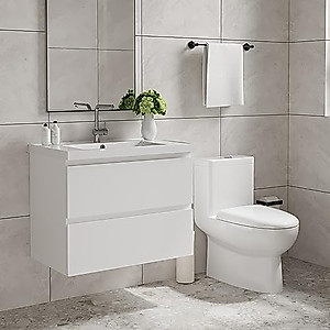 JPND 30" Bathroom Vanity with Sink Combo, Wall Mounted Vanity Base Cabinet with Single Hole Sink and Two Soft Close Drawers, Handle-Free Design, White (Faucet and Drain not Included)