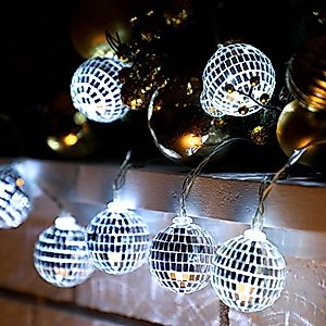 BBTO 10 LED Disco Ball String Lights Decorations Mirror Disco Ball Ornaments 70s Disco Party Supplies Mini Disco Balls Tree Ornament Light Battery Operated Disco Balls for Christmas (Silver White)