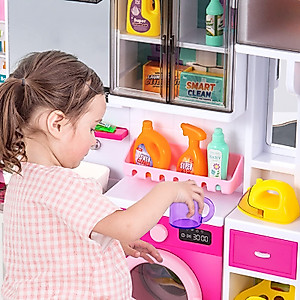 TEMI 4-in-1 Mini Bathroom Playset with Lights & Sounds, Pink Play Dressing Table Toy Set, Furniture, Bathroom Accessories, Pretend Role Play Toys for Boys Girls