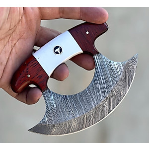 Bodacious Knives Damascus Ulu Knife- Handmade 5.5"" Alaskan Pizza Cutter Small Ulu Knife with Sheath- Ideal Alaska gifts for Chopping, Slicing, Mincing, and Skinning (Red & White), Traditional