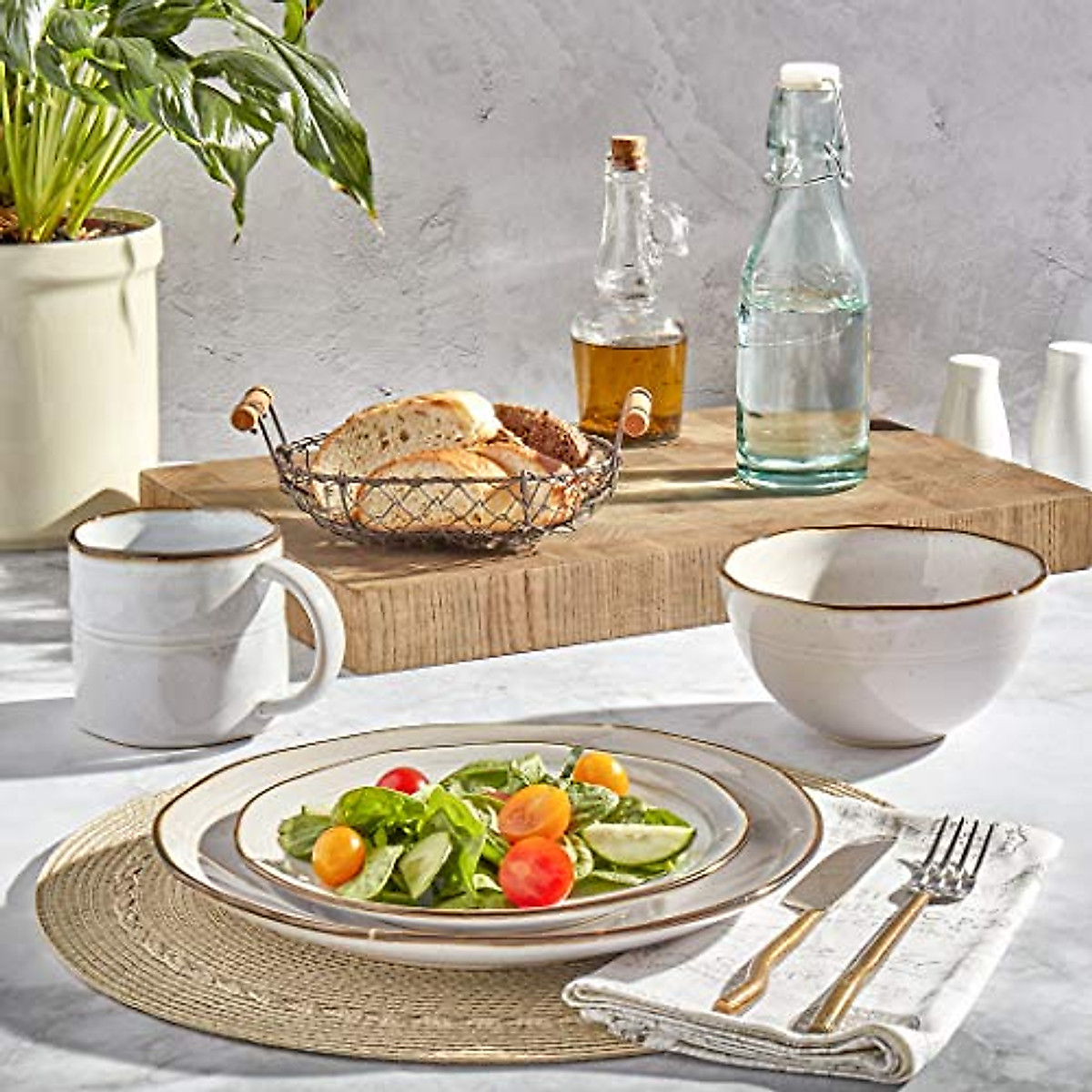 Tabletops Gallery Speckled Farmhouse Collection- Stoneware Dishes Service for 4 Dinner Salad Appetizer Dessert Plate Bowls, 16 Piece Geneva Dinnerware Set