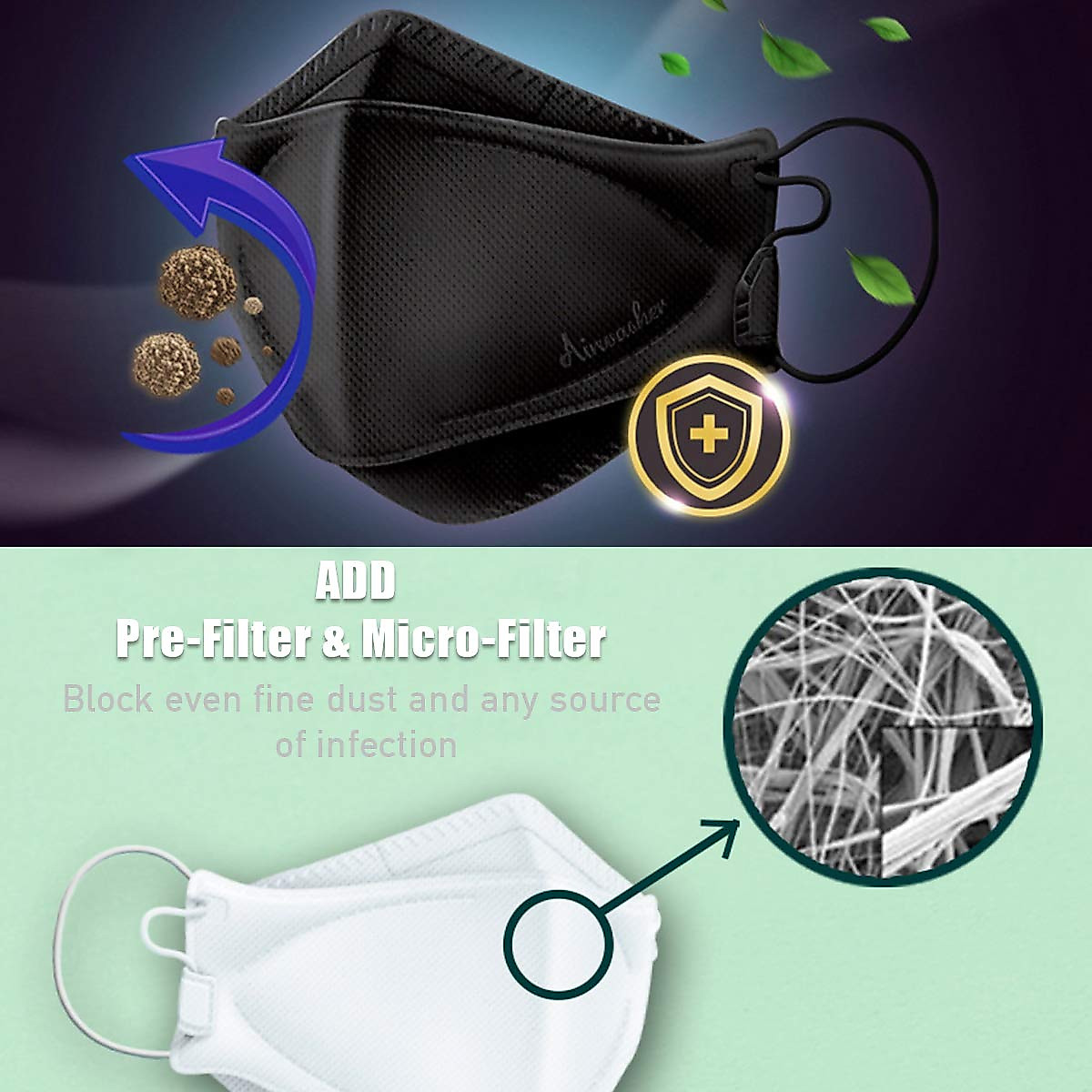 [LG Airwasher] KF94 Disposable Face Mask, 10 Pack - Made in Korea, Black Breathable Reusable Face Mask, Individually Wrapped 4-Ply Adjustable Cloth Masks