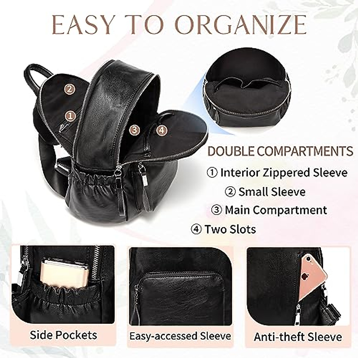 VASCHY Mini Backpack Purse, Cute Faux Leather Small Backpack Purse for Women with Double Compartment Black