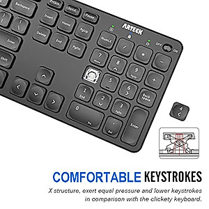 Arteck 2.4G Wireless Keyboard Ultra Slim Full Size Keyboard with Numeric Keypad and Media Hotkey for Computer/Desktop/PC/Laptop/Surface/Smart TV and Windows 10/8/ 7 Built-in Rechargeable Battery