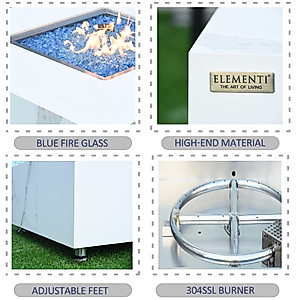 ELEMENTI Outdoor Fire Table Natural Gas 60,000 BTUs Firepit Patio Coffee Table, Backyard Fireplace Marble Porcelain Square Fire Pit, 17Inch-High,Bianco Series
