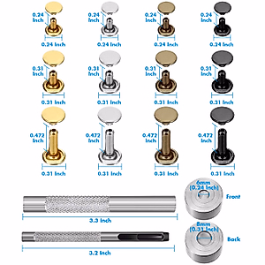 Paxcoo 480 Sets 3 Sizes Leather Rivets Double Cap Rivet Tubular Metal Studs with 3 Pieces Setting Tool Kit for Leather Craft Repairs Decoration, 4 Colors