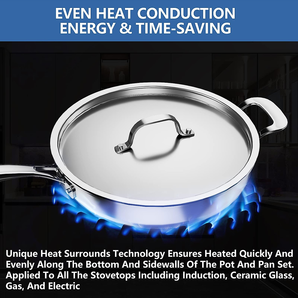 Nuwave Pro-Smart 9pc Stainless Steel Cookware Set, Heavy-Duty Tri-Ply 3.1mm Thickness, 18/10SS, Space Saving Nestable Design, Stay-Cool Handles, Induction-Ready, Works on All Cooktops, 20Yeär Wärranty