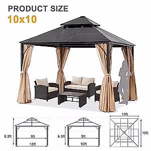 ABCPATIO 10x10 Hardtop Gazebo - Outdoor Polycarbonate Double Roof Gazebo Canopy, Metal Frame Permanent Pavilion with Curtains and Netting for Patio, Garden, Patio, Lawns (Beige)