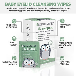 Natural Essentials Lil' Peepers Baby Eye Wipes and Eyelid Cleanser, Preservative-Free & Rinse-Free, Pediatrician Recommended Hypoallergenic Soft Eyelid Wipes for Babies, Kids and Adults (30 Count)