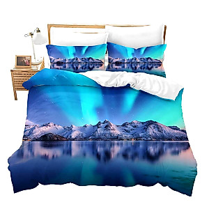 Feelyou Aurora Theme Bedding Sets Aurora Borealis Northern Lights Duvet Cover Nature Astronomical Landscape, Snow Mountain Pattern Comforter Set for Kids Teens, 3-Piece Queen Bedding Decoration Gift