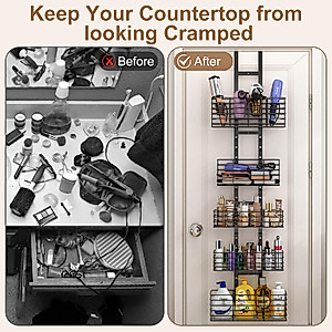 5-Tier Over The Door Bathroom Organizer - Hair Dryer Holder - Hair Tool Organizer Adjustable Height, DIY Bathroom Storage Shelf Wall Mounted for Flat/Curling Irons, Hair Straighteners, Skincare