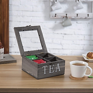 MyGift Rustic Gray Solid Wood Tea Box Organizer with 4 Compartments, Teabag Storage Chest with Clear Acrylic Lid and Latch