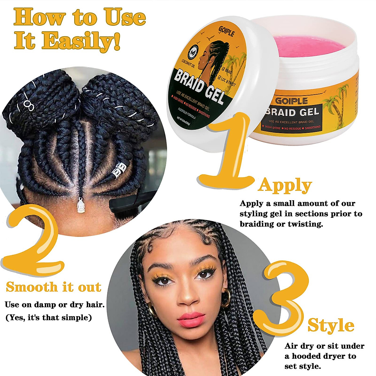 8.8OZ Strong Hold Braiding Gel for Twists, Locs, Cornrows - Tames Frizz, High Shine, No Flake, Easy Edge Control