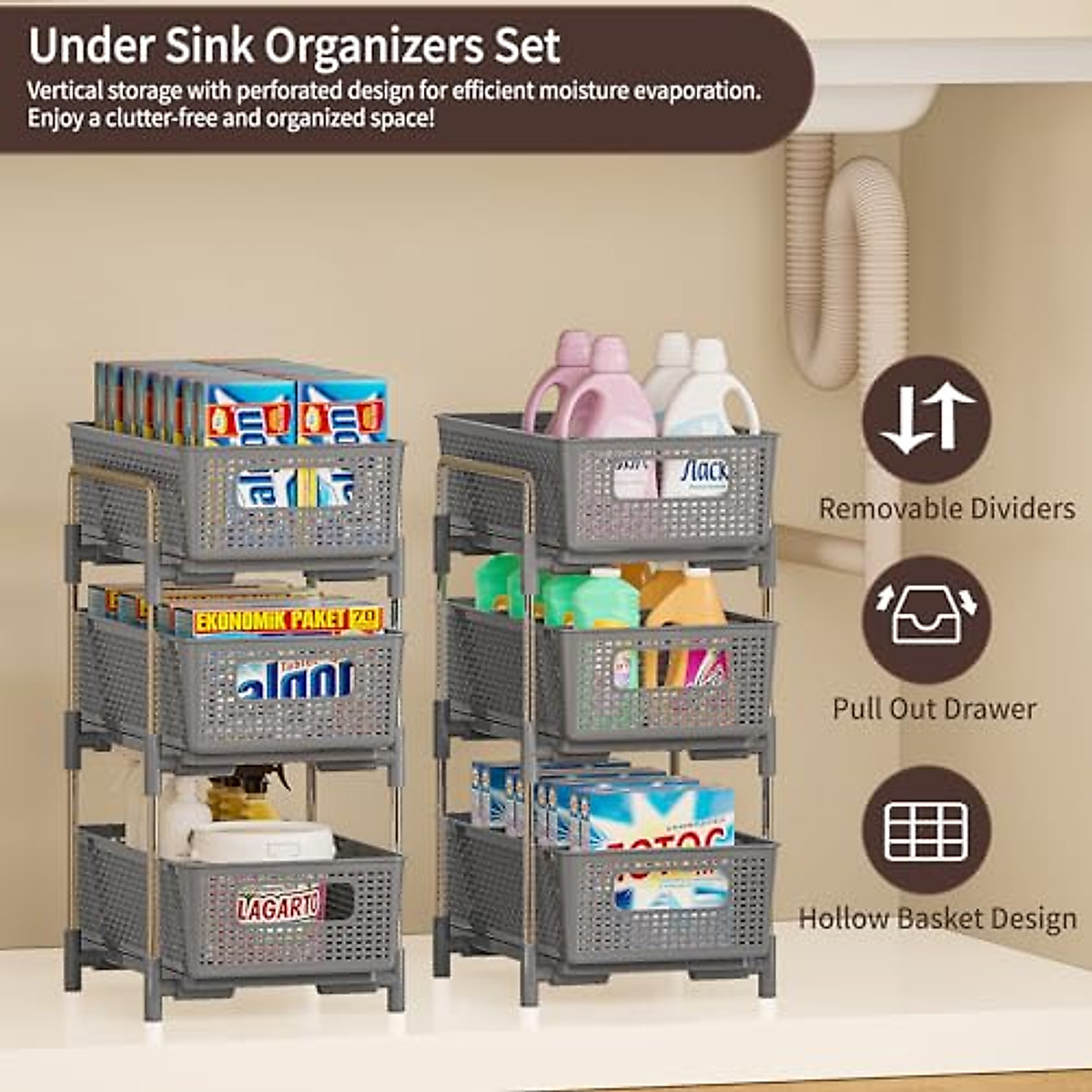 Bathroom Organizers and Storage, 2 Pcs 3 Tier Under Sink Organizer, Medicine Cabinet Organizers With Dividers, Pull Out Cabinet Organizer, Bathroom Cabinet Organizer and Storage, Kitchen Storage Grey