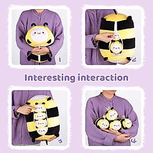 AIXINI Cute Cat Mommy Plush Pillow with 4 Little Baby Cats Stuffed Animal, Super Soft Kawaii Fat Cat Chubby Kitten Hugging Toy Gifts for Bedding