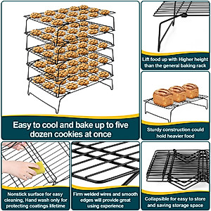 5-Tier Nonstick Cooling Racks, P&P CHEF Stackable Baking Rack Set for Cooking Roasting, Oven Safe & Easy Clean, Stainless Steel Core & Durable, 15” x 10”, Rectangle, Black