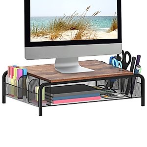 Trwcrt Metal Desk Monitor Stand Riser with Organizer Drawer, Rustic Monitor Riser for Computer, Small Printer, Laptop, Black and Brown