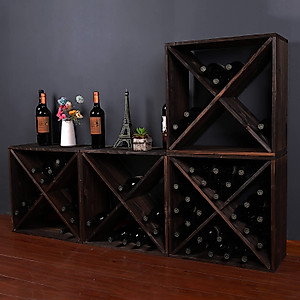fdjamy Wine Rack countertop Wooden Stackable Storage Rustic Retro Style Cube 24-Bottle Wooden Wine Rack Wine Cabinet (Dark Brown)