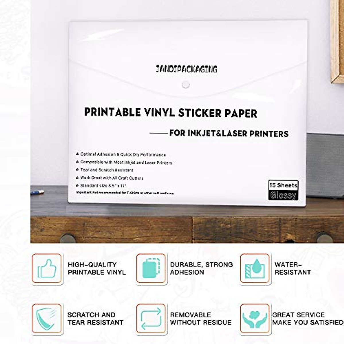 JANDJPACKAGING Printable Vinyl Sticker Paper - Waterproof Printable Vinyl for Laser & Inkjet Printer 15 Self-Adhesive Sheets - Glossy White - Standard Letter Size 8.5"x11"