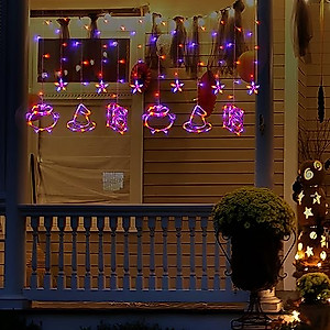 LOLStar Halloween String Lights, Halloween Window Decorations Orange Purple Spellbook, Witch Hat and Cauldron 183 LEDs Indoor Hanging Curtain Lights, Remote 8 Flashing Modes Timer Function