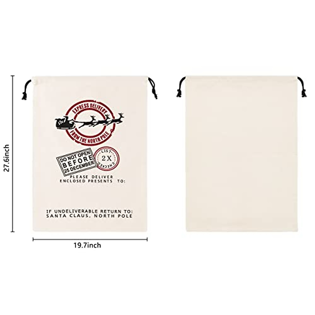 HBlife Canvas Santa Sack, 19.7 X 27.6 Inch Large Santa Bags for Gifts, Personalized Christmas Sacks for Presents with Drawstring, Style 3