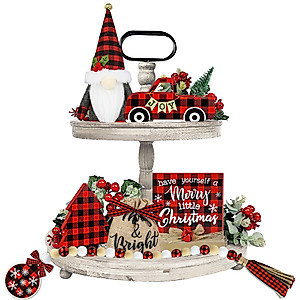 Christmas Tiered Tray Decor Set - Christmas Decorations Indoor, Rustic Farmhouse Wood Bead Garland Buffalo Plaid Gnome Christmas Wooden Sign for Home Kitchen Table Mantel Party Decor