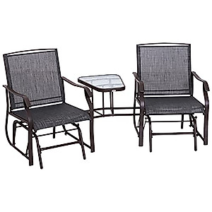 Outsunny Outdoor Glider Chairs with Coffee Table, Patio 2-Seat Rocking Chair Swing Loveseat with Breathable Sling for Backyard, Garden and Porch, Grey