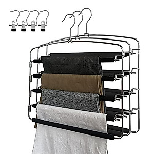 Homa Jia Pants Hangers Space Saver 3 Pack and 4 Heavy Duty Clips, Space Saving Multi Bar Metal Pant Hangers, Stable with Non-Slip Padding, Perfect for Hang Jeans Trousers Ties Scarf Belt Etc