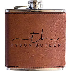Personalized Flask For Wedding Gift. Customized Flask Gift Set. Engraved Leatherette Flask With Optional Gift Box For Groomsmen Gifts. Engraved Flask (Rawhide)