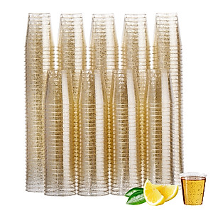 MATANA 150 Glitter Gold Plastic Shot Glasses 1oz - Clear Plastic Shot Cups for Party, Gold Shot Glasses, Wine Tasting Cups, Food Sample Cups, Perfect For Wedding, Birthday, Christmas Party & Events