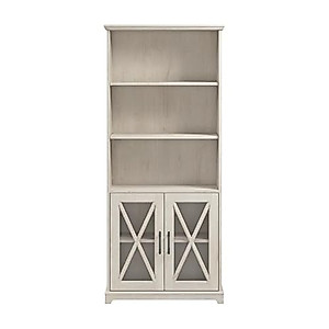 Bush Furniture Lennox Tall 5 Shelf Bookcase with Glass Doors in Linen White Oak | Farmhouse Bookshelf Cabinet for Living Room and Home Office