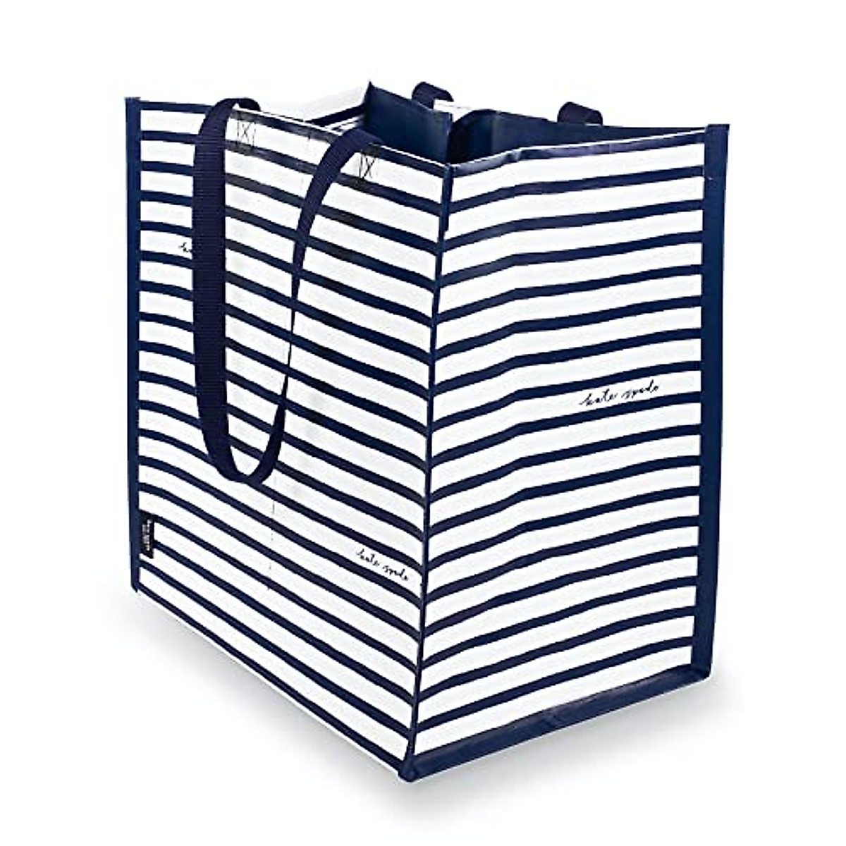 Kate Spade New York Reusable Shopping Bag, Grocery Tote with Shoulder Straps, Large Collapsible Tote, Navy Painted Stripe