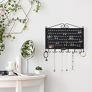 JackCubeDesign Wall Mounted Jewelry Organizer, Earring Necklace Bracelet Holder Display Hanger with 117 Holes & 12 Hooks (Black, 16.54 x 12.2 x 0.75 inches) - MK319A