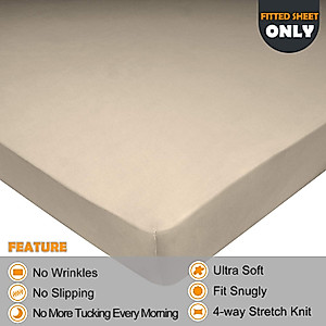 Twin Size Fitted Sheet Only - 4-Way Stretch Knit, Snug Fit, Wrinkle Free & Stay in Place, No More Slipping Off for Mattress, Soft & Comfortable - Taupe, Twin