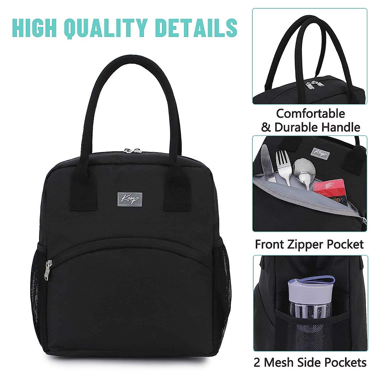 Kasqo Lunch Box Bag for Men Women, Insulated Thermal Reusable Lunch Cooler Tote Lunch Tote with Front Pocket Office Work Travelling in Black