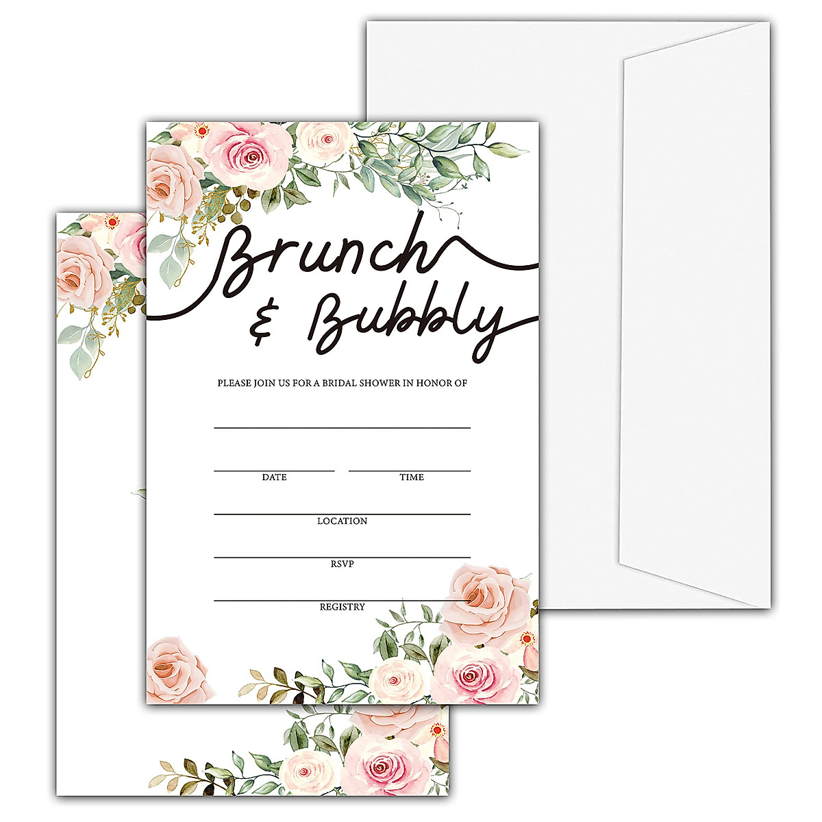 Boho Floral Greenery Brunch & Bubbly Invitations with Envelopes for All Occasions, 25 Pcs Champagne Brunch Blank Fill-in Invites for Bridal Shower, Wedding Reception, Engagement Party(04)