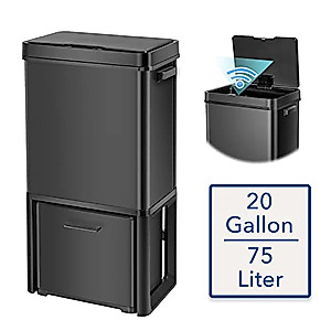 CozyBlock 20 Gallon Automatic Trash Can, Black Steel Touchless Motion Sensor Bin, Wide Opening Soft Close Lid, 75L, Large Capacity Slim Design