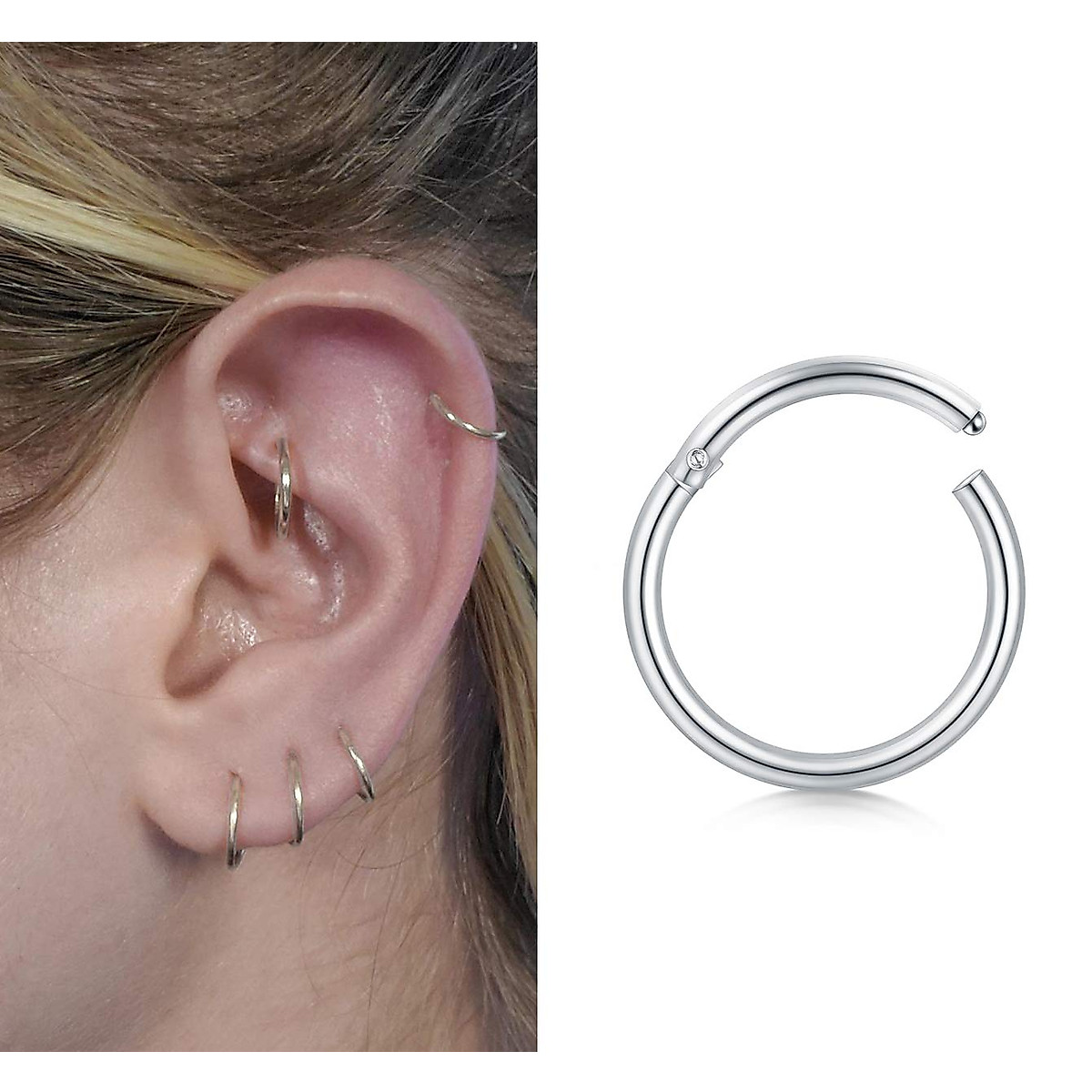 QWALIT Cartilage Earrings Hoop 16G Helix Daith Tragus Piercing Jewelry Stainless Steel CBR Hinged Clicker Septum Ring CZ Sleeper Hoop Earrings