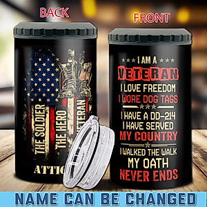 Personalized Veteran Can Cooler 4 in 1 Holder Cup with Lids Customized Name 16oz Beer Drinking Gifts for Men Navy Army Air Force Marine Corps Military Retirement Veterans Day