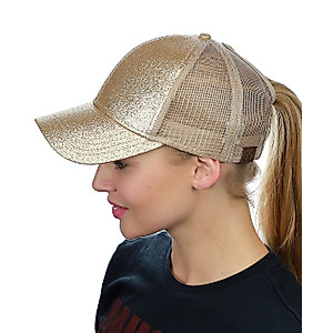 C.C Ponycap Messy High Bun Ponytail Adjustable Glitter Mesh Trucker Baseball Cap, Gold,One Size