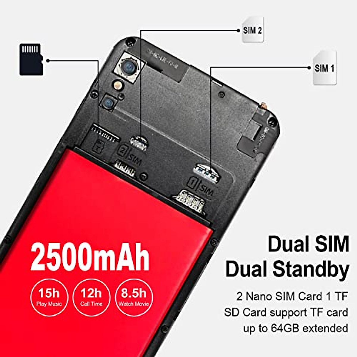 KXD 6A Unlocked Phone 5.5" Full Screen Smartphone 8MP HD+ Camera 8GB ROM with 64GB Extend Memory Android Cell Phones 2500mAh Battery Mobile Phone Blue