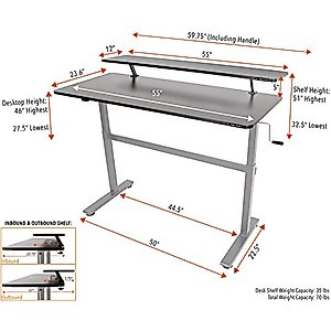 Stand Steady Tranzendesk 55 in Standing Desk with Clamp On Shelf | Easy Crank Height Adjustable Stand Up Workstation w/Attachable Monitor Riser | Holds 3 Monitors & Adds Desk Space (55/Silver Base)