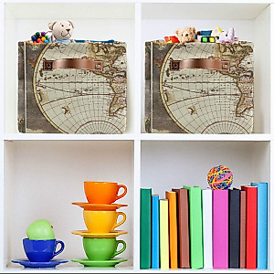 AUUXVA Globe Travel World Map Storage Basket Collapsible Cloth Storage Cube Basket Bins Organizer with Handles Rectangular Large Toys Shelf Closet for Nursery Bedroom Home Office