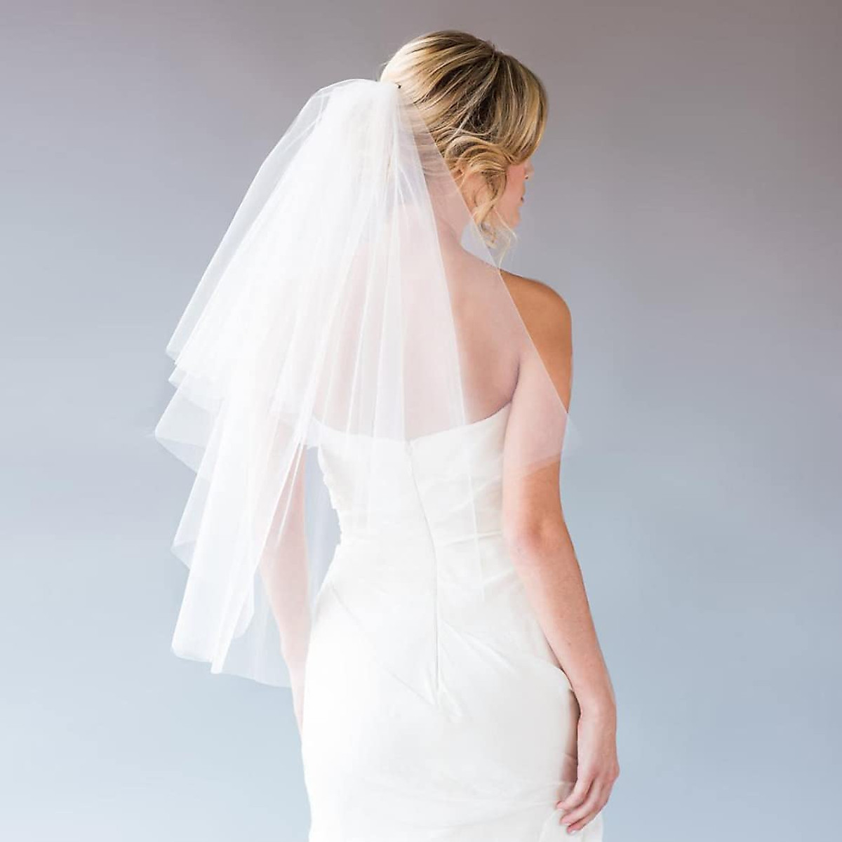 Fangsen Wedding Bridal Veil with Comb 2 Tier Tulle Short Wedding Veil Fingertip Length （ 2T Fingertip Light Ivory）