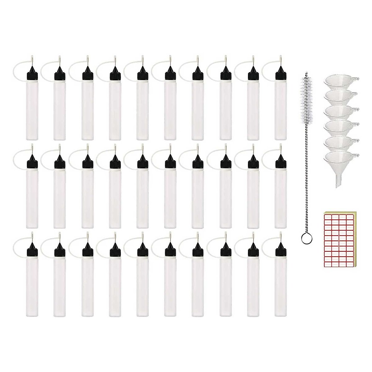 XIAONAN 30pcs 2oz(60ml) Precision Tip Applicator Bottle Needle Tip Squeeze Bottle for Painting Craft and Glue/Ink/Oil Projects with 6 Funnels, 1 Brush, 1 Label