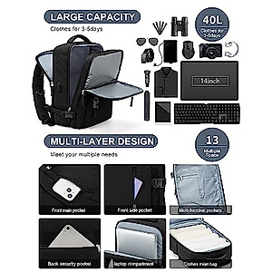 Travel Carry On Backpack for Women, Waterproof Laptop Backpack for Traveling on Airplane Hiking Gym Backpack with USB Charging Port Shoe Compartment, Black