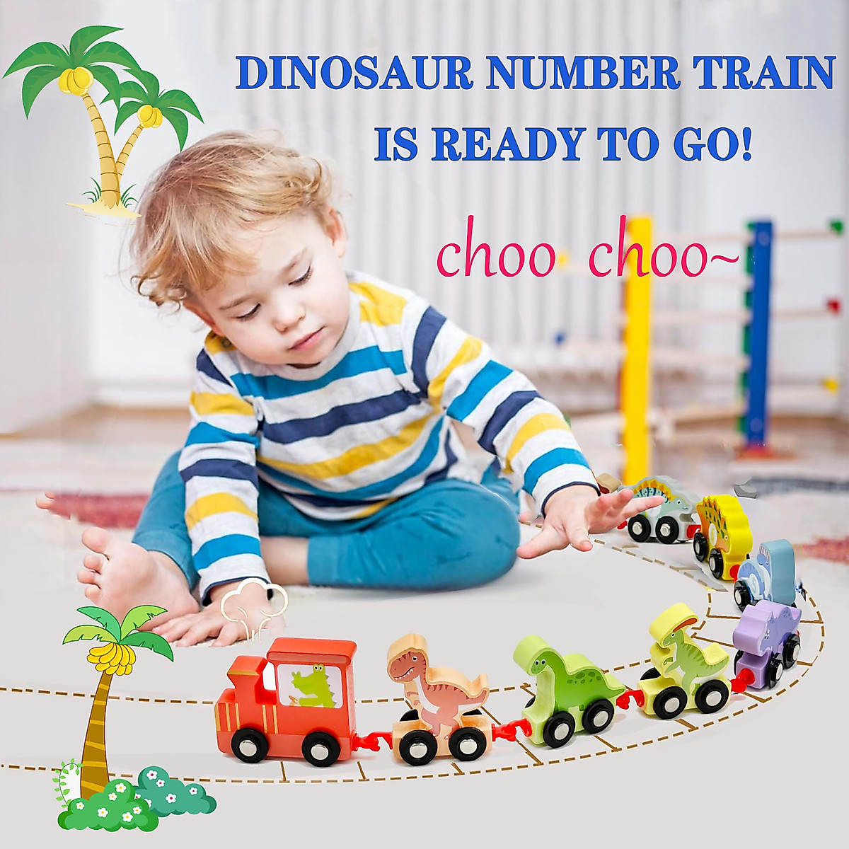 Dinosaur Toys for Kids 2-4 Gifts, Wooden Educational Dinosaur Train Set for Toddlers Age 3-5 with Playmat/Storage Bag, Montessori Educational Toys for 2+ Years Old Boys & Girls